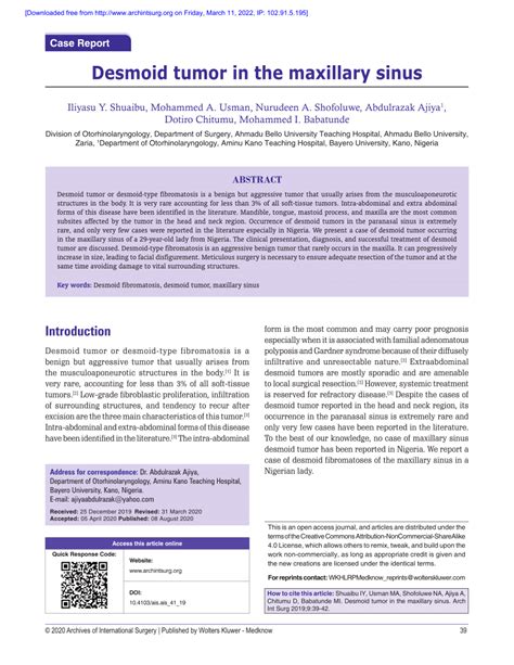 Pdf Archives Of International Surgery Desmoid Tumor In The Maxillary