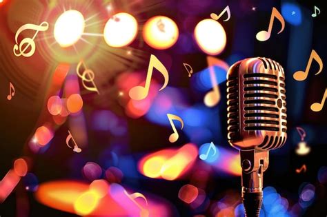 Premium Photo Microphone On A Karaoke Stage With Bright Glowing