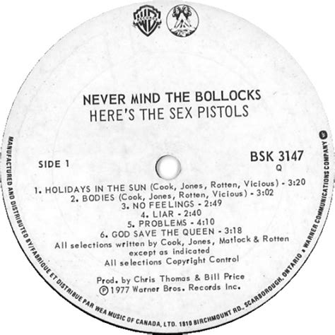 Sex Pistols Never Mind The Bollocks 1st Canadian Vinyl Lp Album Lp