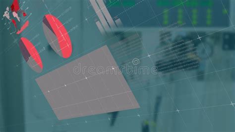 Red Pie Chart And Map Animation Over Blurred Laboratory Equipment