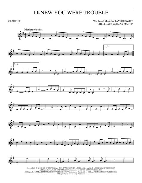 I Knew You Were Trouble By Taylor Swift Sheet Music For Clarinet Solo