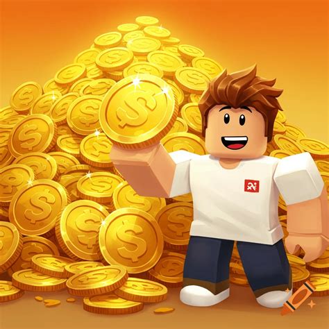 Roblox Character Holding A Gold Coin In Front Of A Large Pile Of Gold