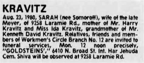 Sarah Kravitz Grandmother Of Kenneth David Kravitz Sarah Passed On 8 23