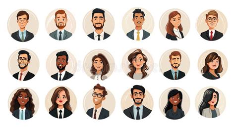 Cartoon Business People Avatars In Circles Set Simple Style White