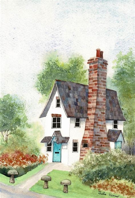 White Cottage With Large Brick Chimney Original Watercolour Cottage