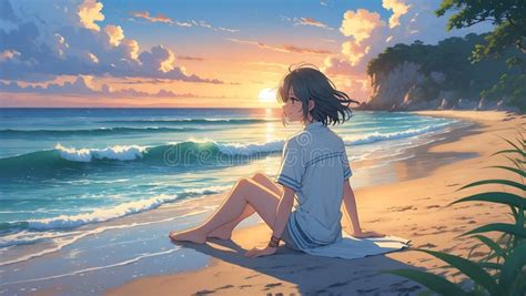 Sunset Serenity Anime Girl At The Beach Stock Illustration