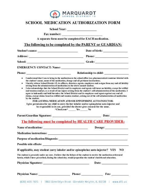 School Medication Authorization Form Blank Fillable Template Fill