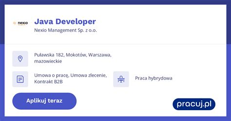 Oferta Pracy Java Developer Nexio Management Sp Z Oo Warszawa