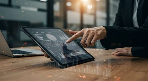 a hand interacts with a tablet displaying various graphs and data