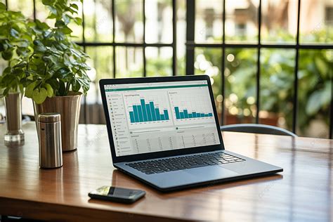 Modern Workspace With Business Analytics On Laptop Screen Background