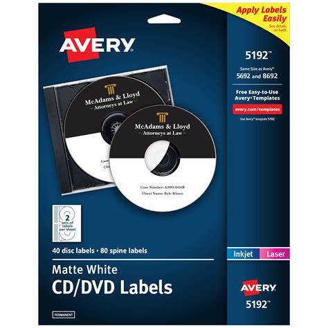 Avery Printable Cd Labels 40 Cd Labels And 80 Spine Labels 5192