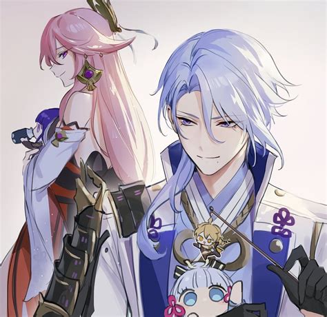 Raiden Shogun Yae Miko Aether Kamisato Ayaka And Kamisato Ayato Genshin Impact Drawn By