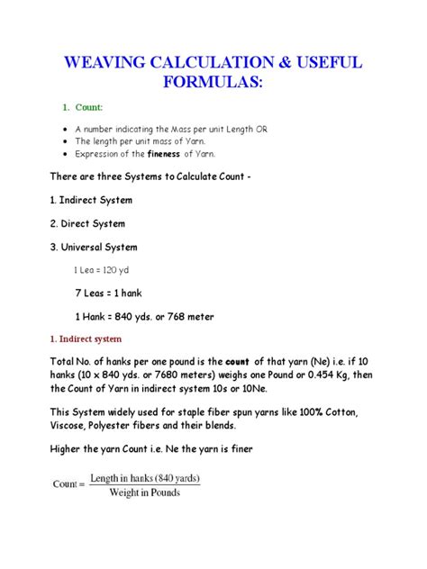 Weaving Calculation And Useful Formulas 1 Count Pdf Yarn Textiles