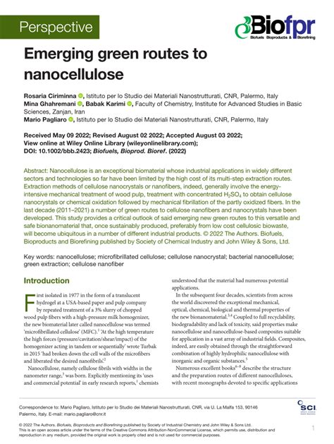 Pdf Emerging Green Routes To Nanocellulose