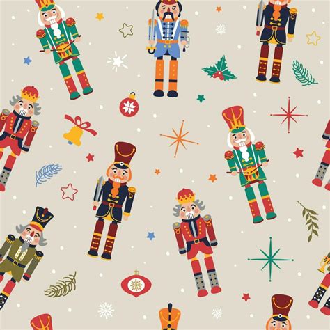 Seamless Christmas Pattern With Nutcrackers In Vector On Beige