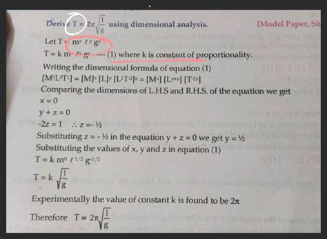 Derive Mathrm T 2 Pi Sqrt Frac 1 Mathrm ~g Using Dimensional An