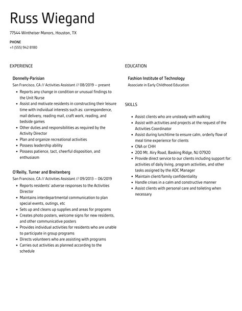 Activities Assistant Resume Samples Velvet Jobs