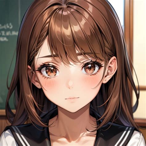 Anime Girl With Long Brown Hair And Brown Eyes In Front Of A Blackboard