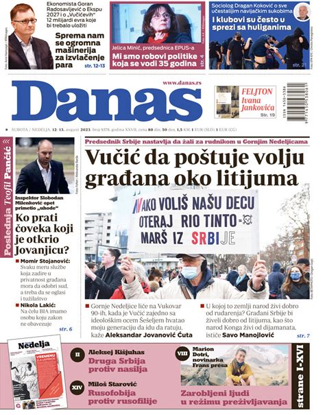 Naslovna Strana Za 12 I 13 Avgust 2023 Dnevni List Danas
