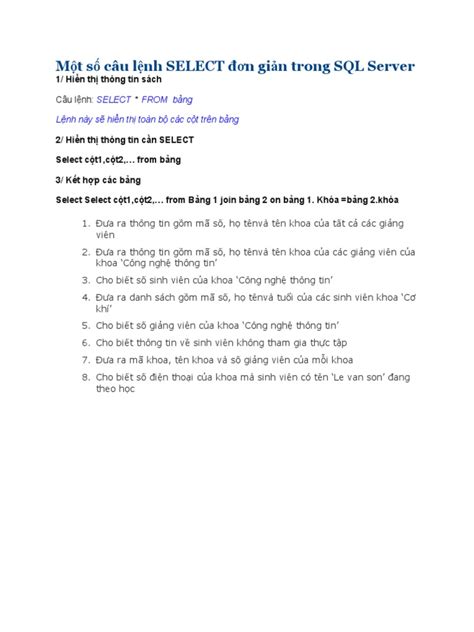 Một Số Câu Lệnh Select Đơn Giản Trong Sql Server Pdf