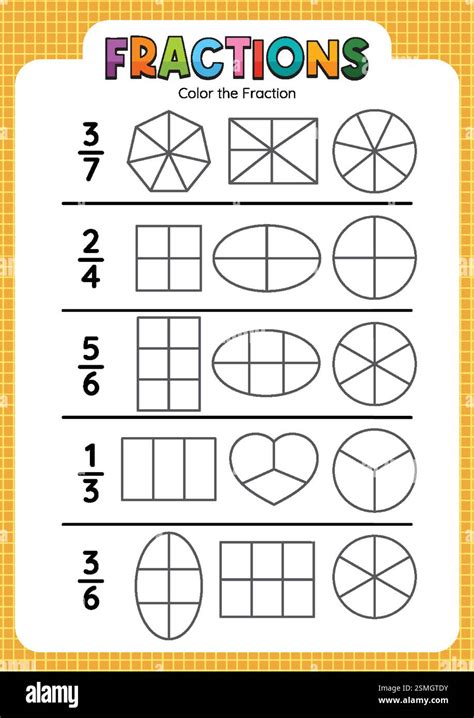 Educational Worksheet Featuring Various Fraction Shapes Stock Vector