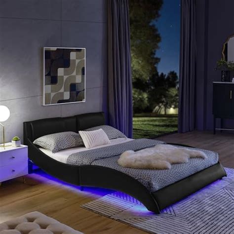 Queen Led Bed Frame Modern Faux Leather Upholstered
