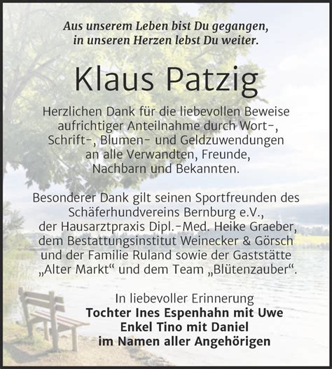 Traueranzeigen Von Klaus Patzig Abschied Nehmen De