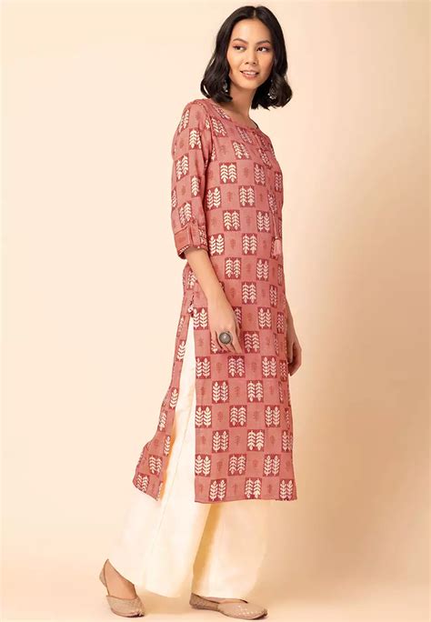 Indya Orange Leaf Block Print Rayon Kurta 2024 Buy Indya Online