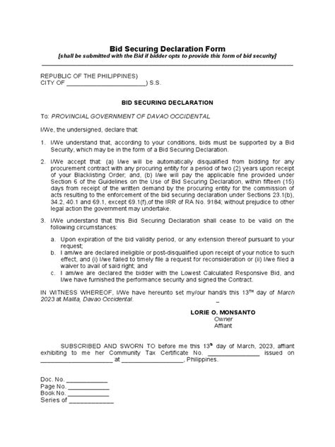 Bid Securing Declaration Pdf