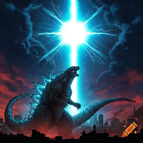 Stylized Image Of Godzilla Fighting Spinosaurus During A Lightning
