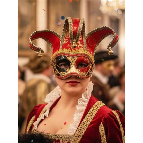 Womens Baroque Jester Venetian Masquerade Mask Red And Gold Velvet
