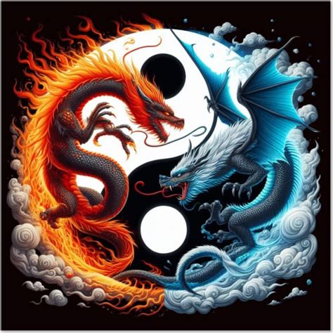 Fire And Ice Dragons Yin And Yang Design Poster Blue And Fire Dragon