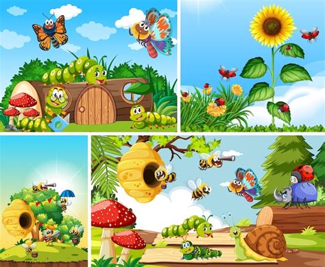 Free Vector Set Of Different Insects Living In The Garden Background