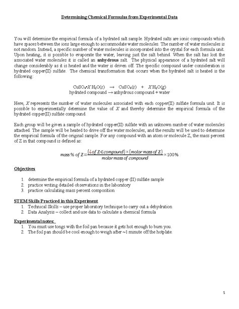 Chem 1211 K Determining Chemical Formulas Lab1 Determining Chemical