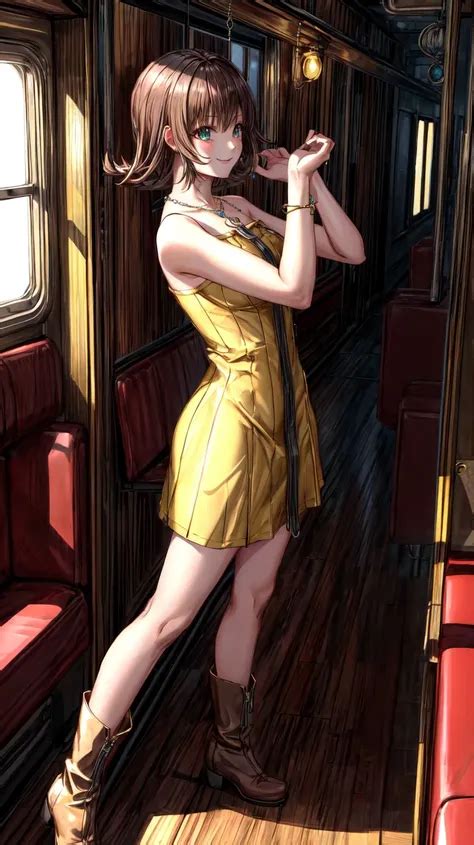 Anime Girl In Yellow Dress On Train With Sword In Hand Seaart Ai