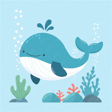 Premium Vector Cute Whale Cartoon Character In The Ocean With Corals
