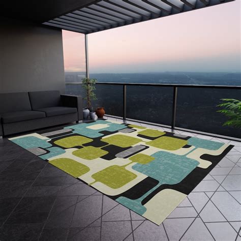 Retro Mid Century Modern Indoor Outdoor Area Rug Mcm Teal Lime