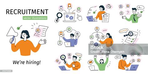 채용 장면 설정 만화 캐릭터가 있는 인적 자원 구성 Hr 컬렉션 채용 중 면접 벡터 일러스트 팀 관리 후보자 개념에 대한 스톡