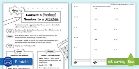 How To Convert A Decimal Number To A Fraction Activity Sheet And Examples