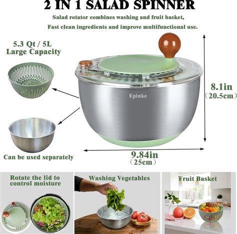 53 Quart Stainless Steel Salad Spinner With Pause Button And Non Slip Base Ebay