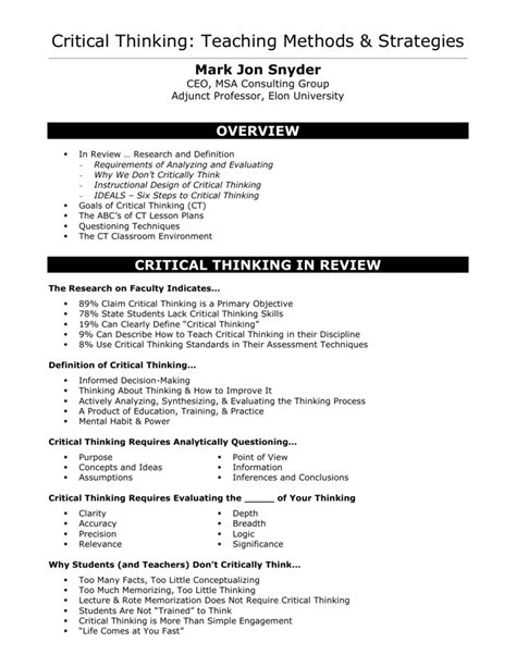 Critical Thinking Teaching Methods And Strategies