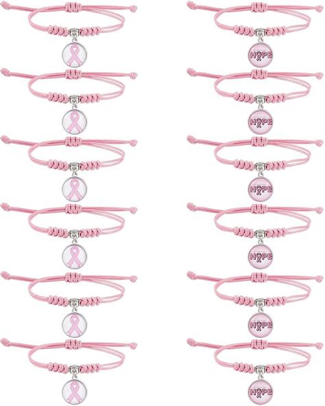 12 Pcs 2 Styles Pink Ribbon Bracelets Breast Cancer Awareness Glass