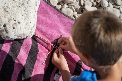 Summer Fun Boy Knitting String Bracelet Stock Image Image Of