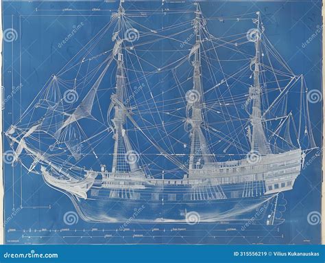 Nautical Ship Blueprint In Cyanotype Style Technical Drawing Of