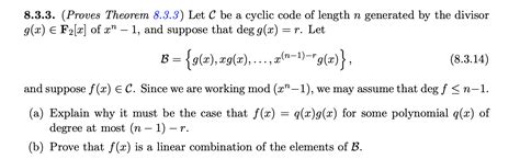 solved theorem 8 3 3 let c be a cyclic code of length n
