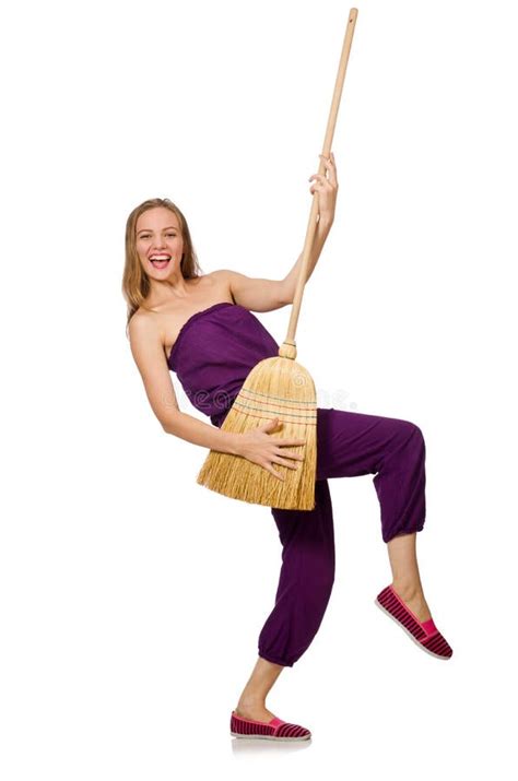 La Casalinga Con La Scopa Isolata Su Bianco Fotografia Stock Immagine