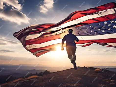 Premium Photo A Man Running With A Flag In The Background