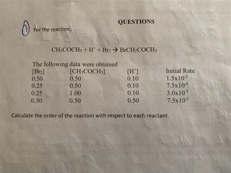Solved Questions 0 For The Reaction Ch3coch3 H Br2 →