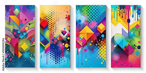Vibrant Cmyk Ink Splattered Canvases With Bold Geometric Shapes And