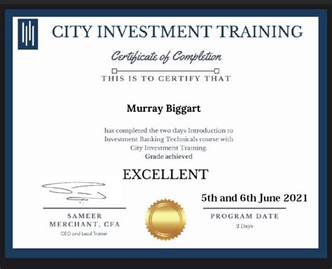 Im Delighted To Have Received A Certificate Of Excellence From The City Investment Training 2